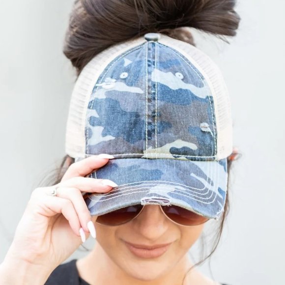 C.C | Accessories | Distressed Cc Camo Ponytail Cap In Blue | Poshmark